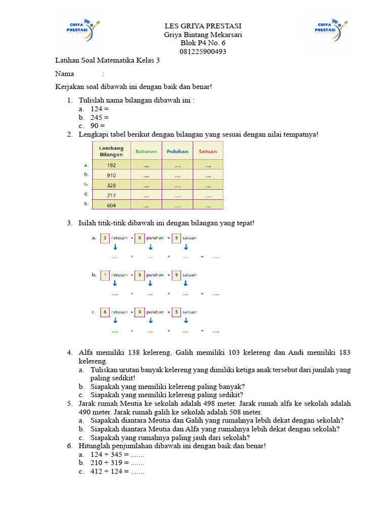 Latihan Soal Matematika Kelas 1 (11-17 Nov) | PDF