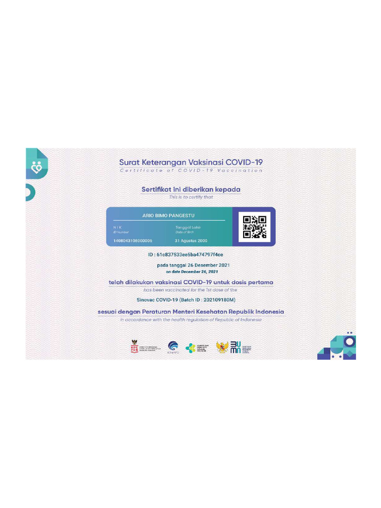 Sertifikat Vaksin 1 - ARIO BIMO PANGESTU | PDF