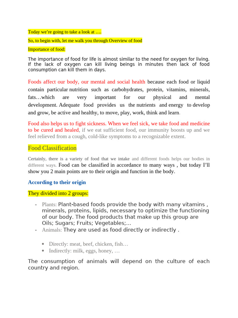Importance and Classification of Food | PDF | Foods | Diet (Nutrition)