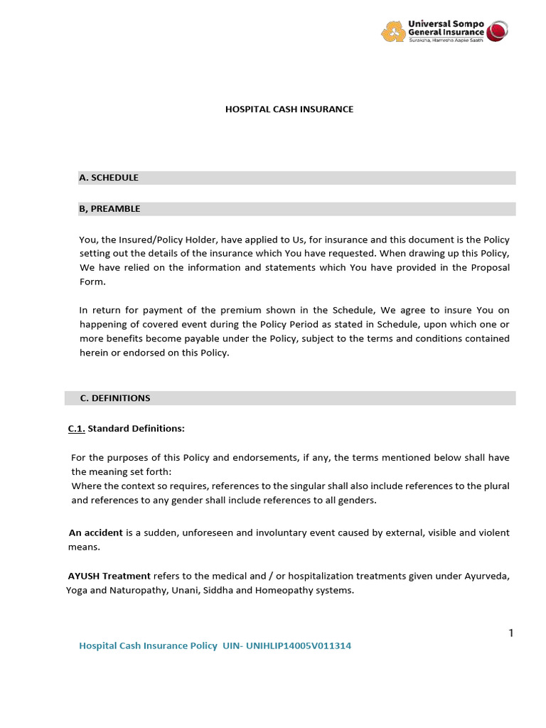 Hospital Cash Insurance Policy Wordings | PDF | Insurance | Nursing