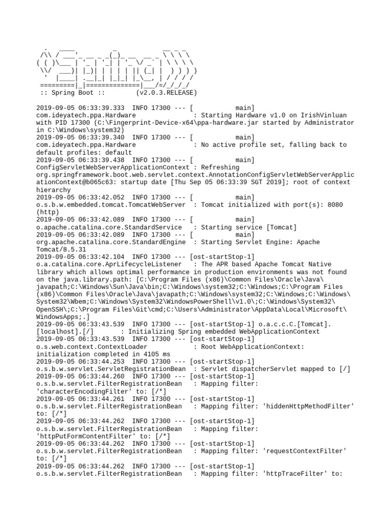 Spring Boot Fingerprint API Logs | PDF | Computing | Software