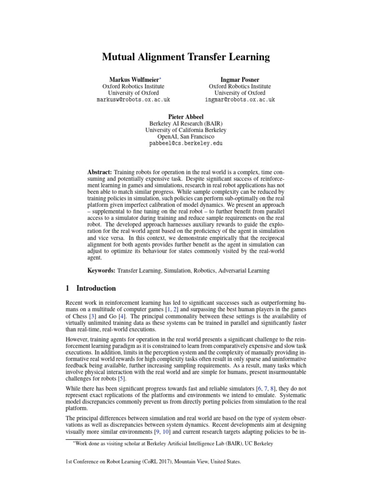 PMLR (2017). Mutual Alignment Transfer Learning | PDF | Simulation | Cognition