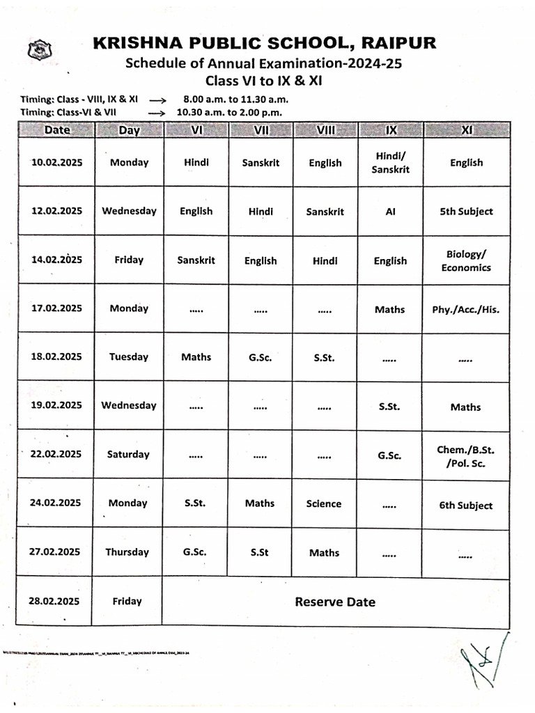 Annual Exam Time Table 2024-2025 | PDF