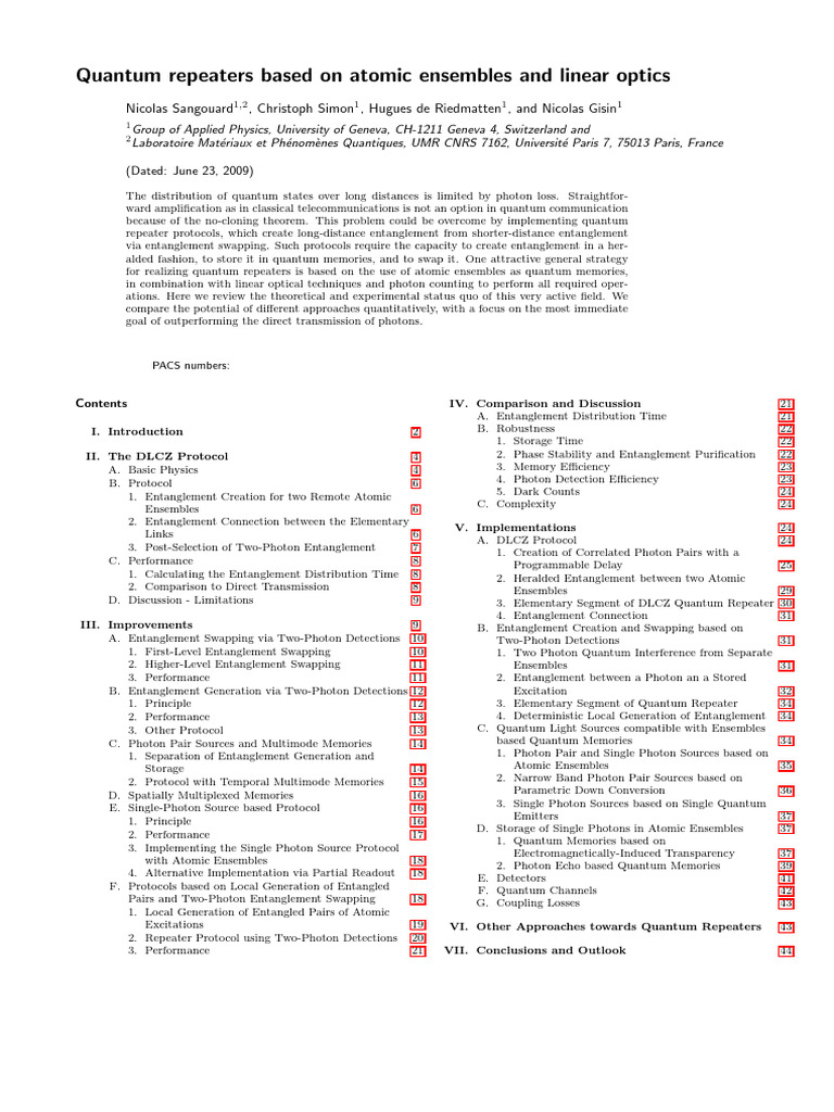 Quantum Repeaters Based On Atomic Ensembles and Linear Optics | PDF | Quantum Entanglement | Photon