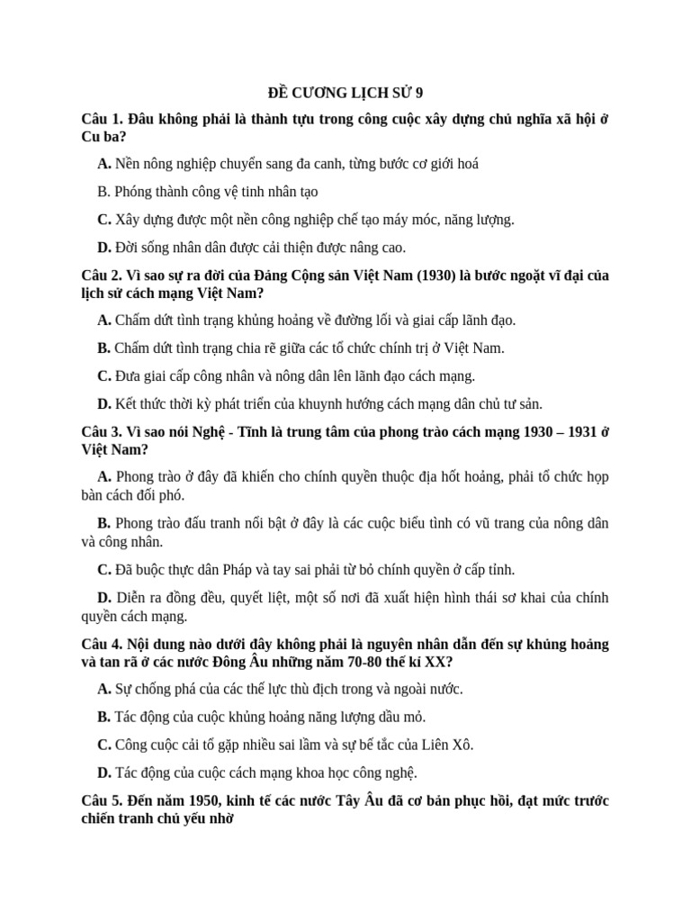 ĐỀ CƯƠNG LỊCH SỬ 9 | PDF