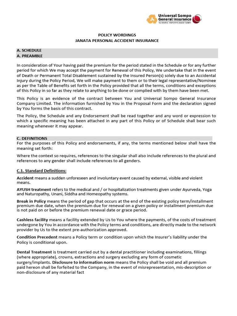 Janta Personal Accident Insurance Policy Wordings | PDF | Medicine ...