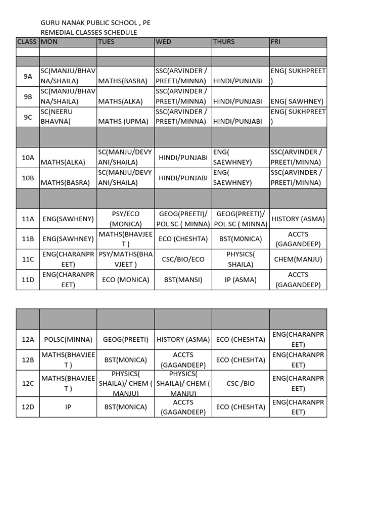 Remedial Classes Schedule Pdf 8291