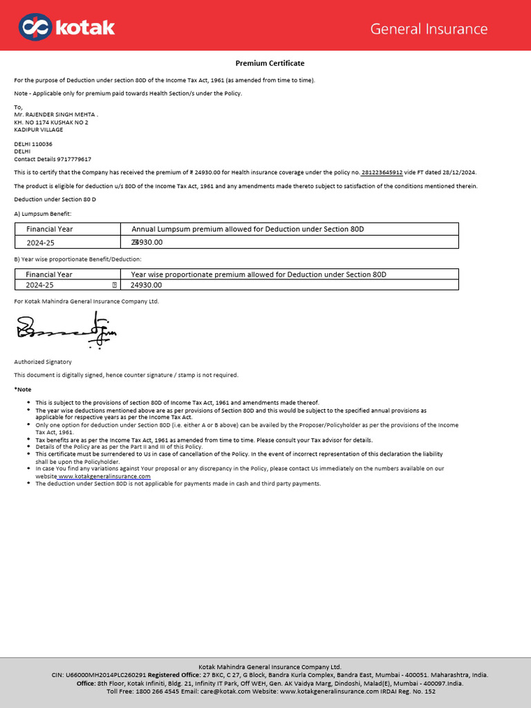 Kotak Mahindra Health Insurance Deduction Certificate | PDF | Insurance ...