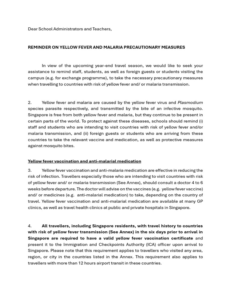 Reminder On Yellow Fever and Malaria Precautionary Measures - 1 | PDF ...