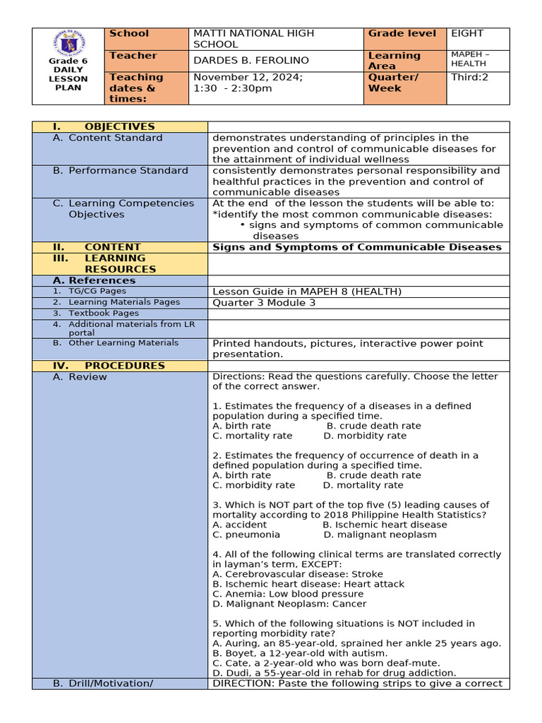 CO DLP Q3 W2 MAPEH - HEALTH 8 | PDF | Tuberculosis | Infection