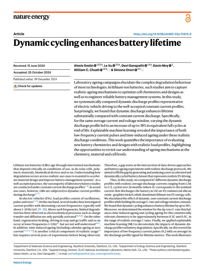 Dynamic Cycling Enhances Battery Lifetime | PDF | Lithium Ion Battery ...