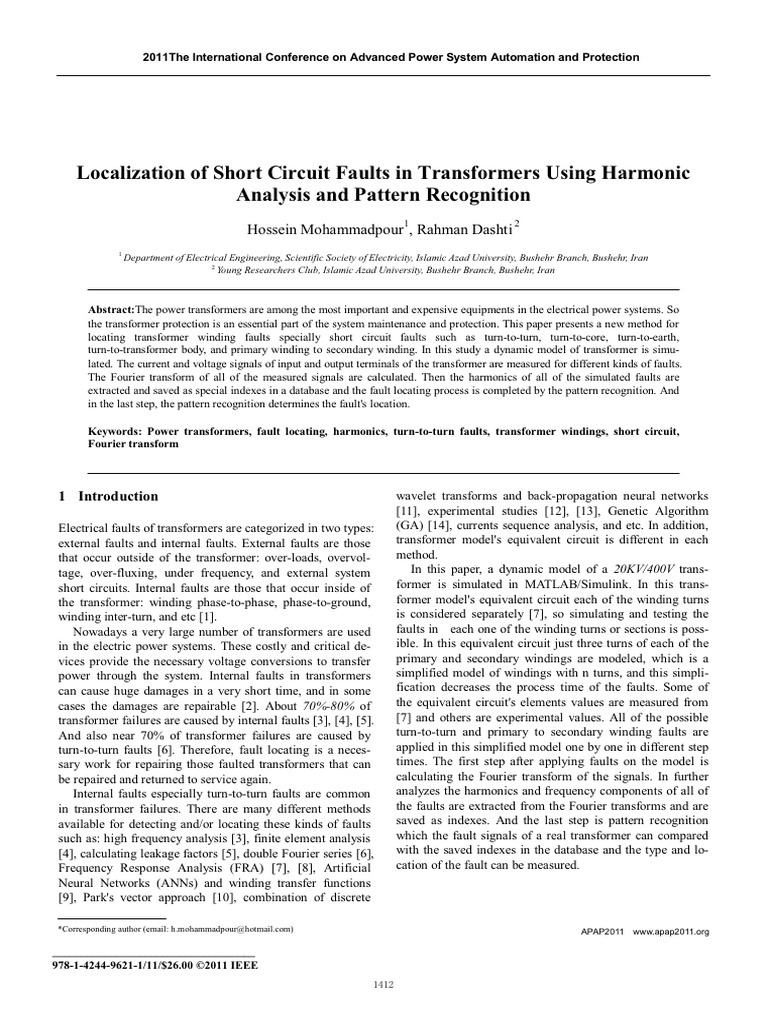 Localization of Short Circuit Faults in Transformers Using Harmonic Analysis and Pattern ...