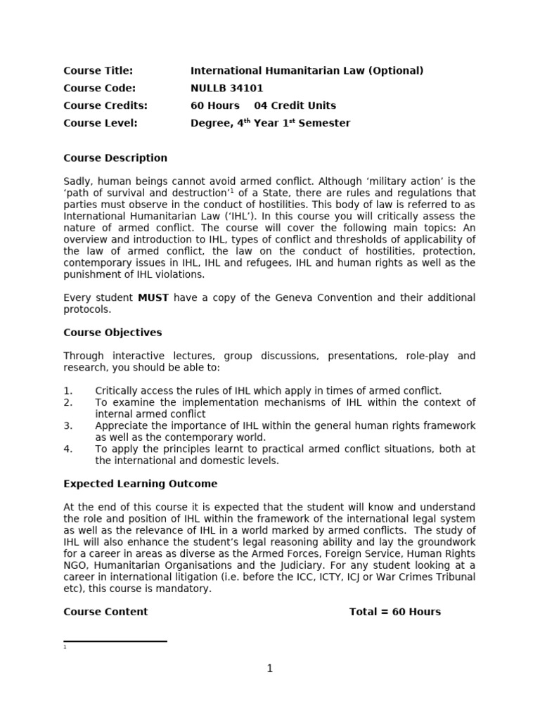 IHL (1) .Docx - Course Outline | PDF | International Humanitarian Law | Geneva Conventions