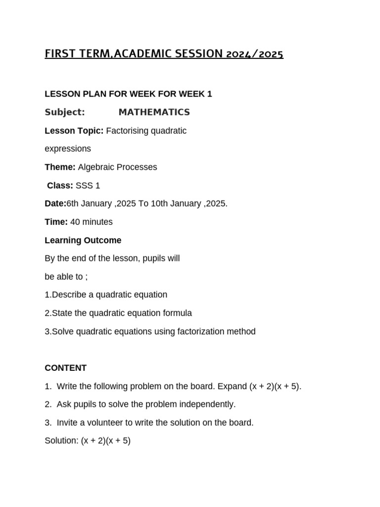 Sss1 Week 1 Math | PDF | Quadratic Equation | Factorization