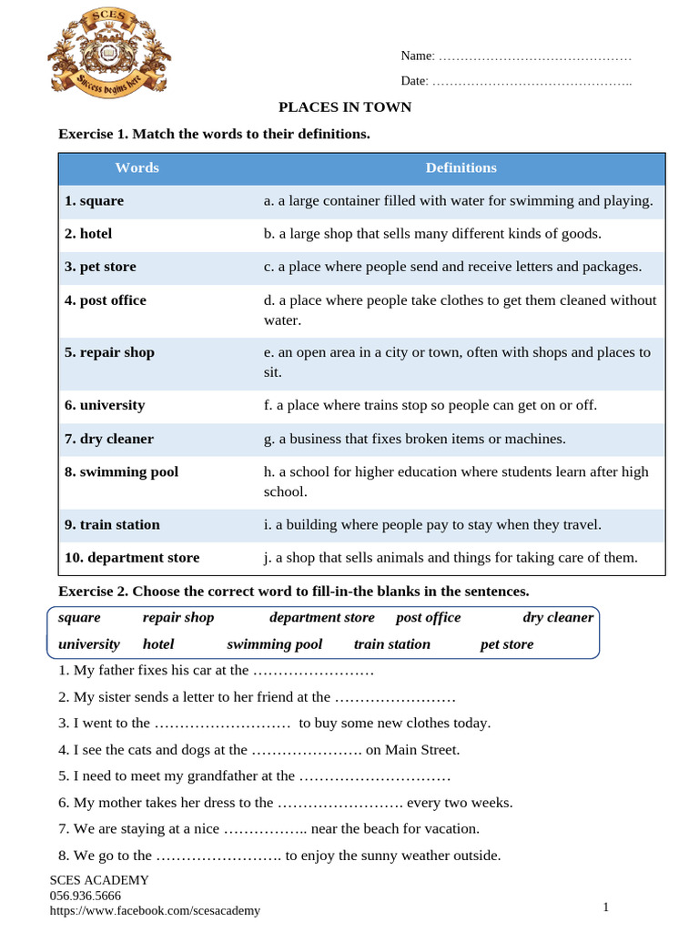 Places in Town - Worksheet | PDF