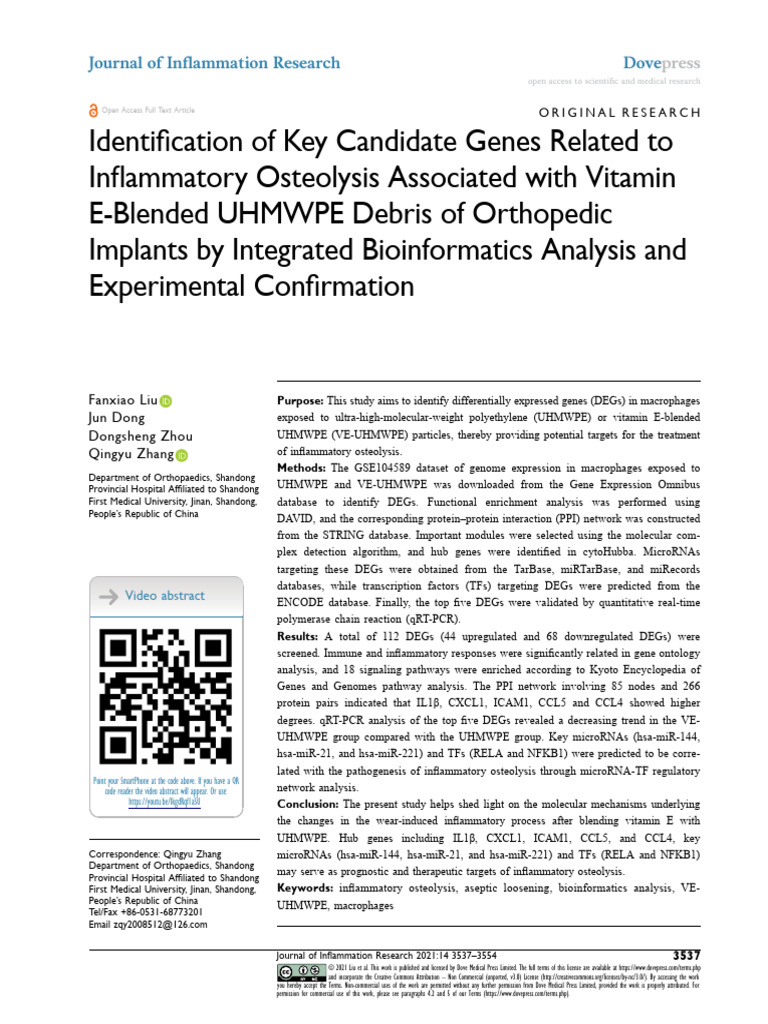 Journal of Inflammation Research Dove: Fanxiao Liu Jun Dong Dongsheng ...
