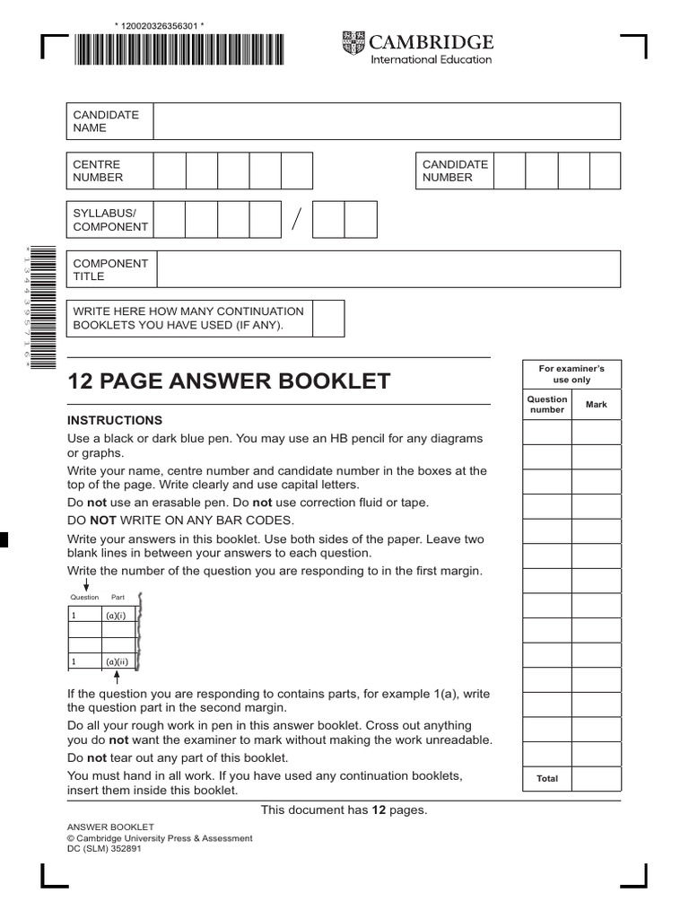 Cambridge 12-Page Answer Booklet | PDF | Qualifications | Educational ...