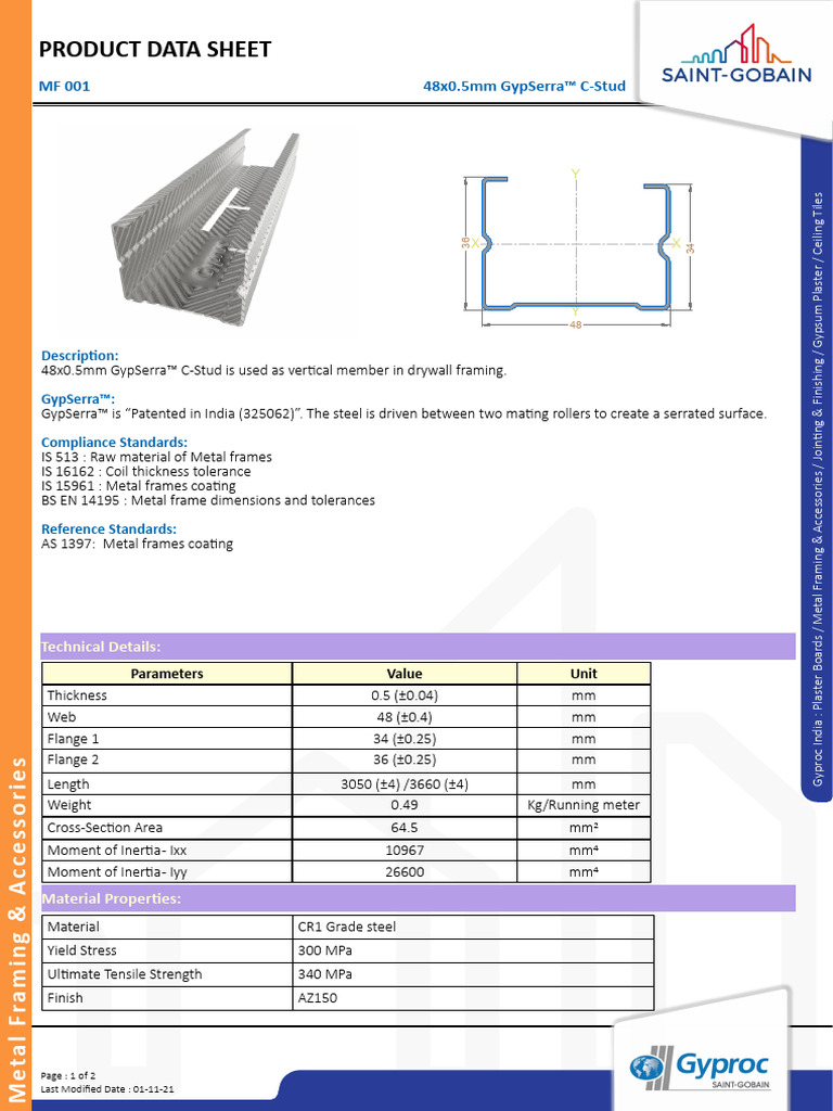 MF001 - 48x0.5mm GypSerra™ C-Stud | PDF | Drywall | Building Engineering