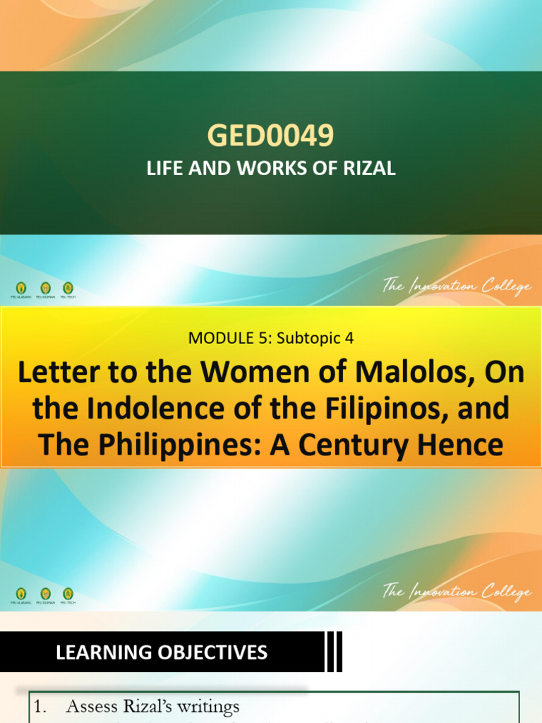 (M5S4-POWERPOINT) Letter To The Women of Malolos, Indolence of Filipinos, and Philippines A ...