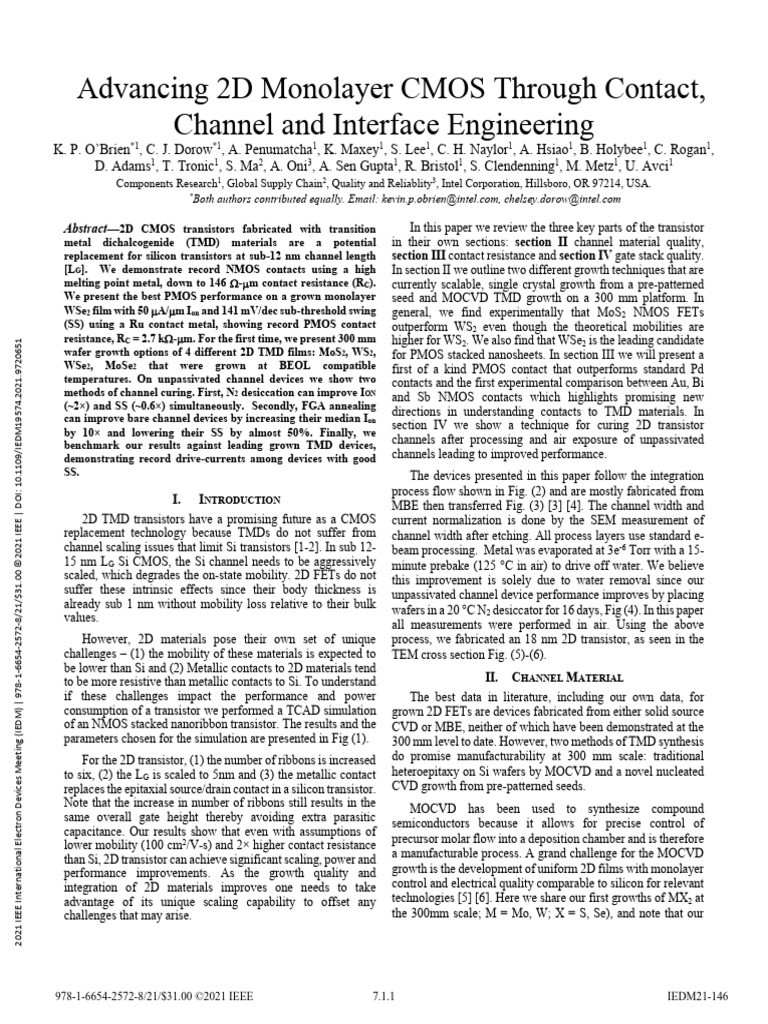 Advancing 2D Monolayer CMOS Through Contact Channel and Interface ...