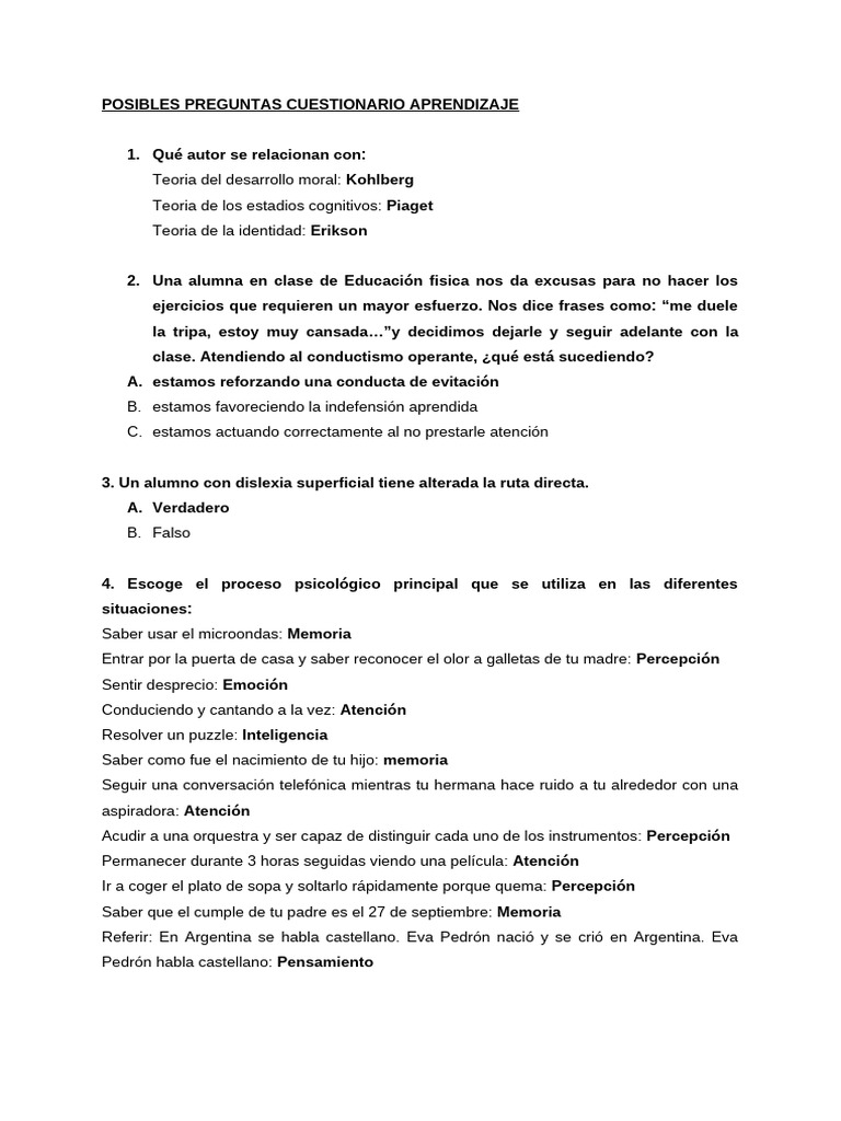 Posibles Preguntas Cuestionario Aprendizaje | PDF | Aprendizaje | Memoria