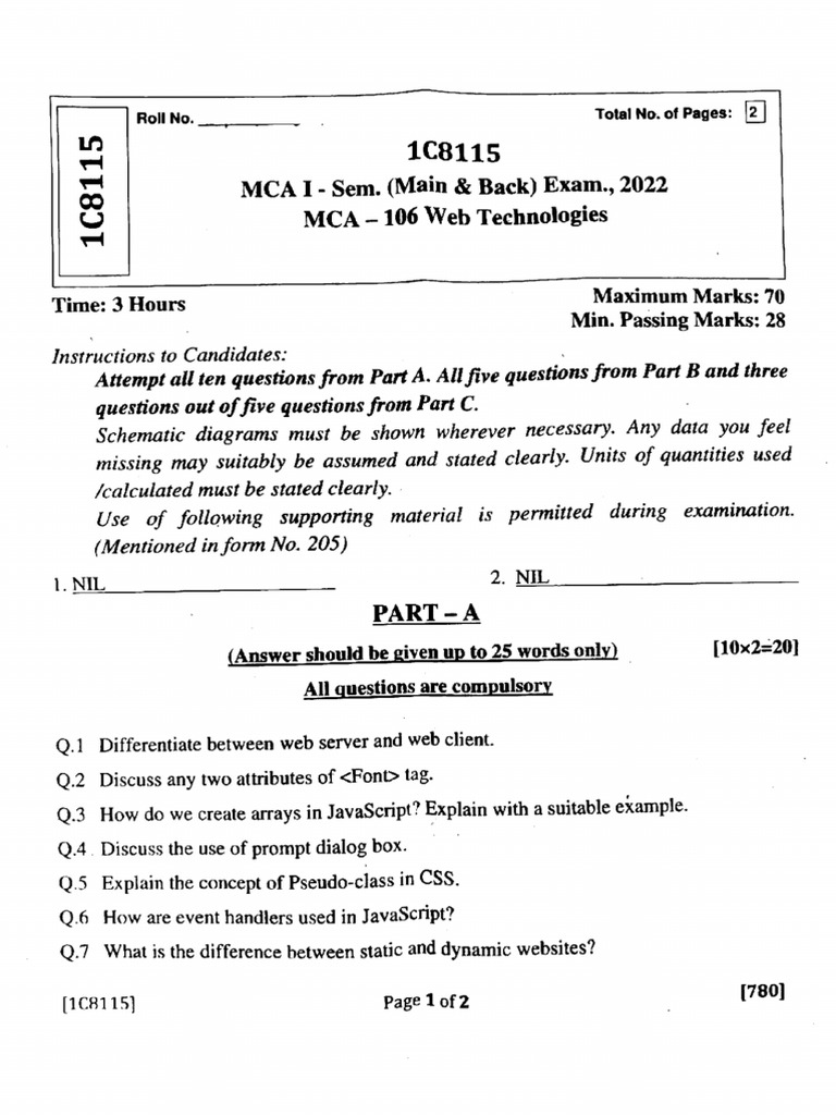 Mca 1 Sem Web Technologies 1c8115 2022 | PDF | Php | Java Script