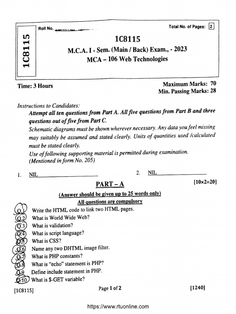 Mca 1 Sem Web Technologies 1c8115 2023 | PDF | Php | Dynamic Html