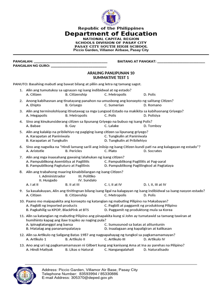 Ap10 Summative Test 1 | PDF