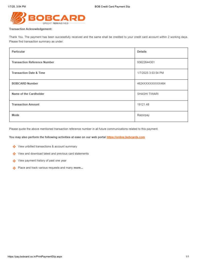 BOB Credit Card Payment Slip | PDF