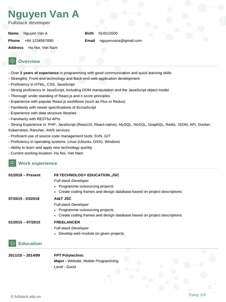 CV Nguyen Van A Fullstack Developer | PDF | Java Script | Information Technology