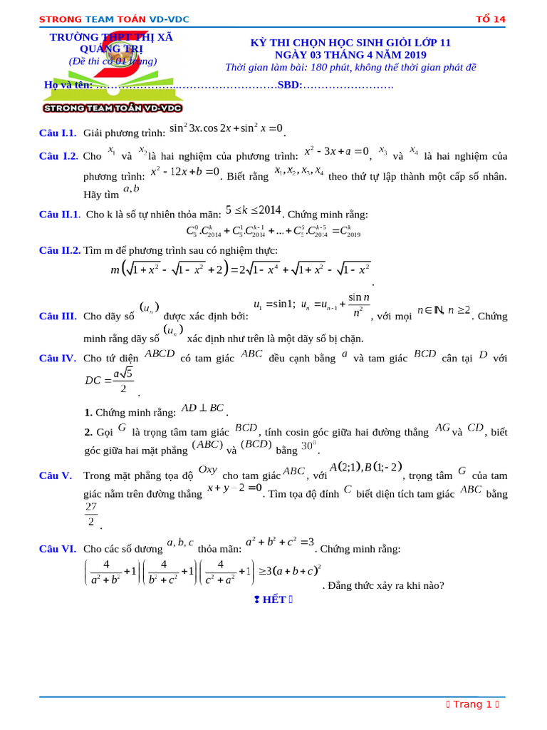 T 14 Đ1 de Thi Chon HSG Toan 11 Nam 2018 2019 Truong THPT Thi Xa Quang Tri Hoan Chinh | PDF