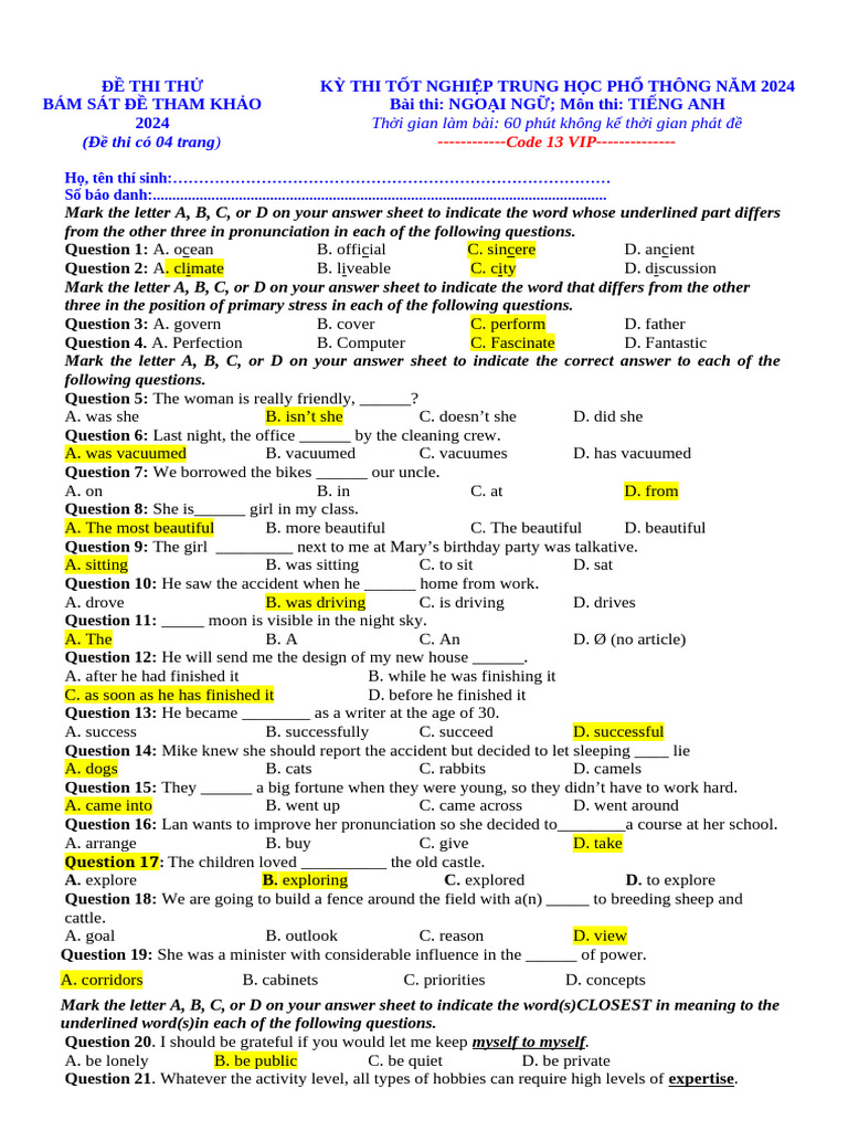 Đề 13 VIP KEY CHI TIẾT | PDF | Optimism | Marathon