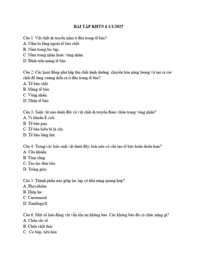 Bài Tập Khtn 6 1-1-2025 | PDF