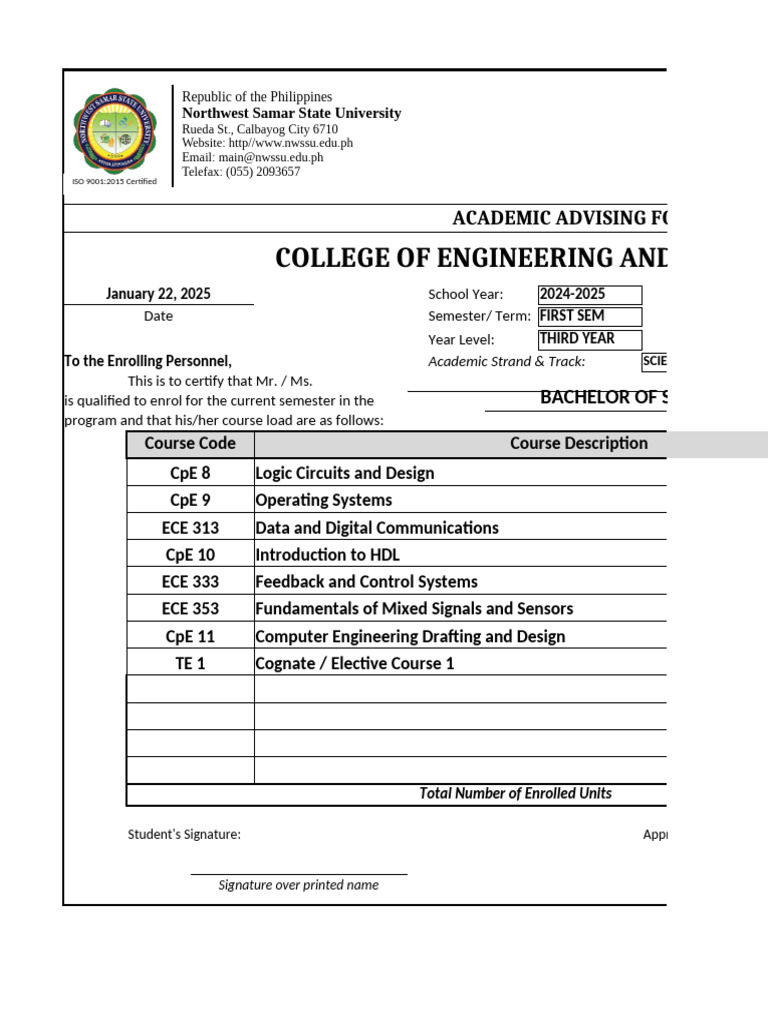 Academic-Advising-2024 3rd Year 1st Sem | PDF | Electronic Engineering | Computer Engineering