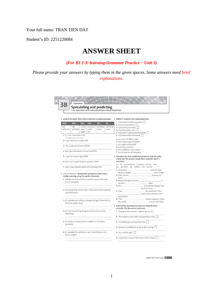 B1.1-E-learning Grammar Practice - Unit 3 (Answer Sheet) | PDF