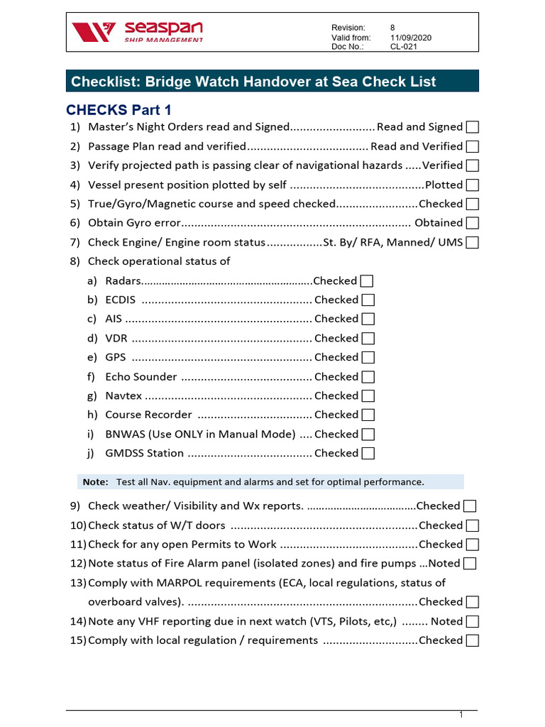 Bridge Watch Handover at Sea Checklist (Cl-021) Ver 8 | PDF