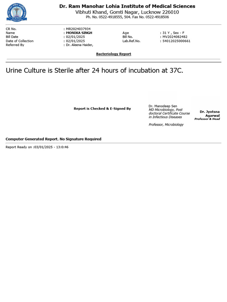 Urine Culture Report: Sterile at 24hrs | PDF