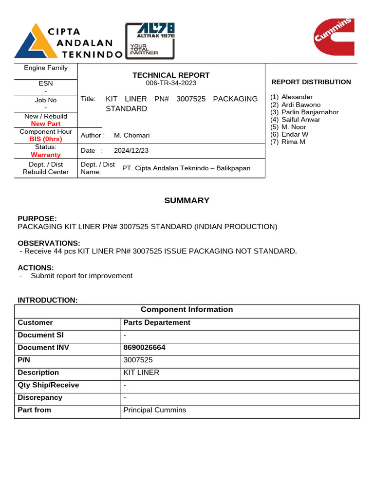 Kit Liner PN 3007525 Packing Not Standard Cummins Rev - 01 | PDF