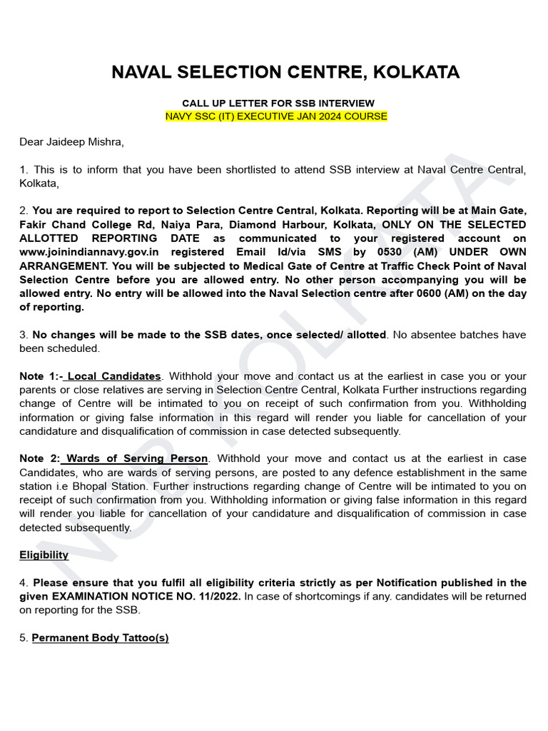 SSB Interview Call Letter - Kolkata 2024 | PDF | Identity Document