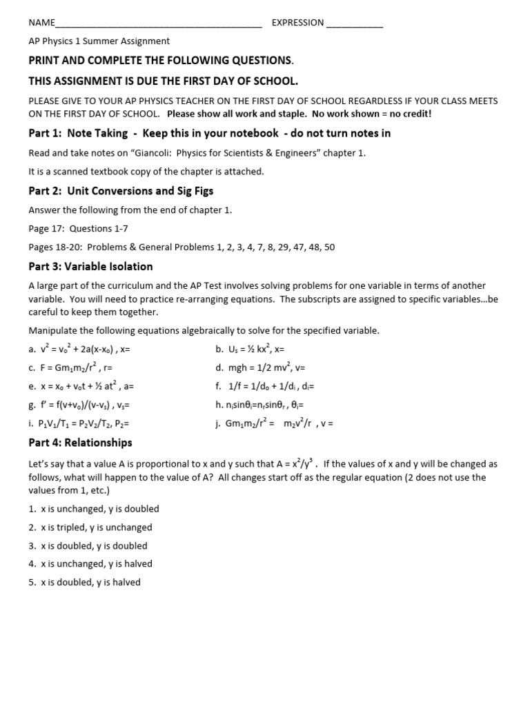 AP Physics 1 Summer Assignment 2023 | PDF | Triangle | Geometry