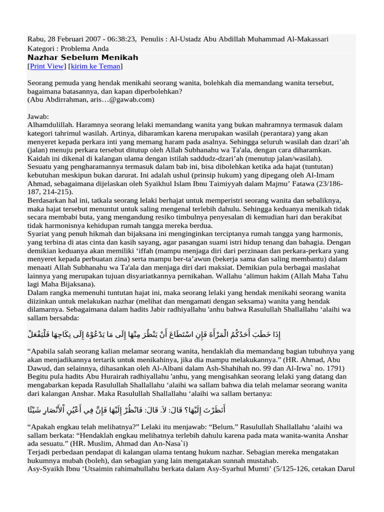 Hukum Nazhar Sebelum Menikah dalam Islam | PDF