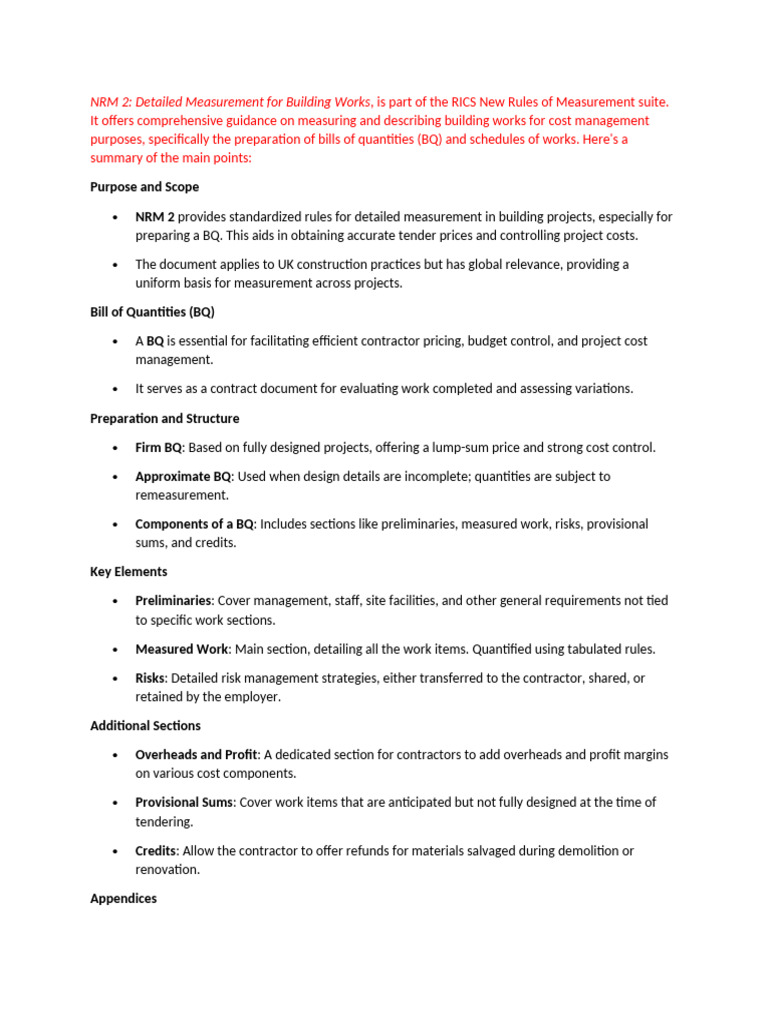 NRM 2 summary | PDF | Cost Accounting | Measurement