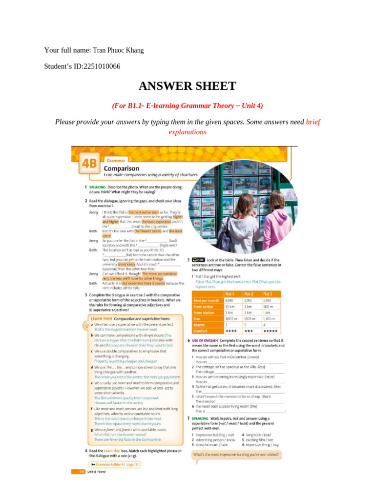 B1.1-E-learning Grammar Theory - Unit 4 (Answer Sheet) | PDF ...