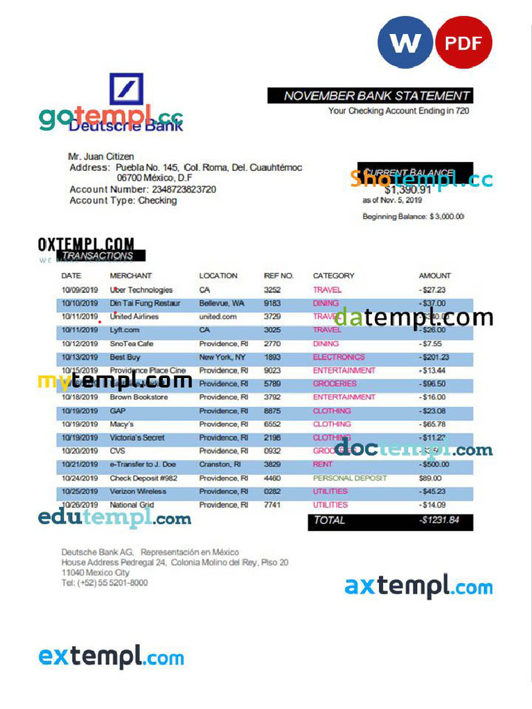 Doctempl - Mexico Deutsche Bank Statement Template in Word and PDF ...