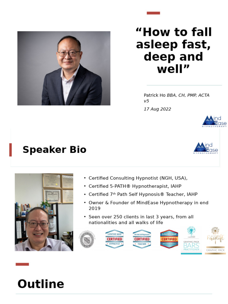 Sleep Fast, Deep and Well - BNI FP (Patrick Ho - MindEase - SG) | PDF | Hypnosis | Hypnotherapy