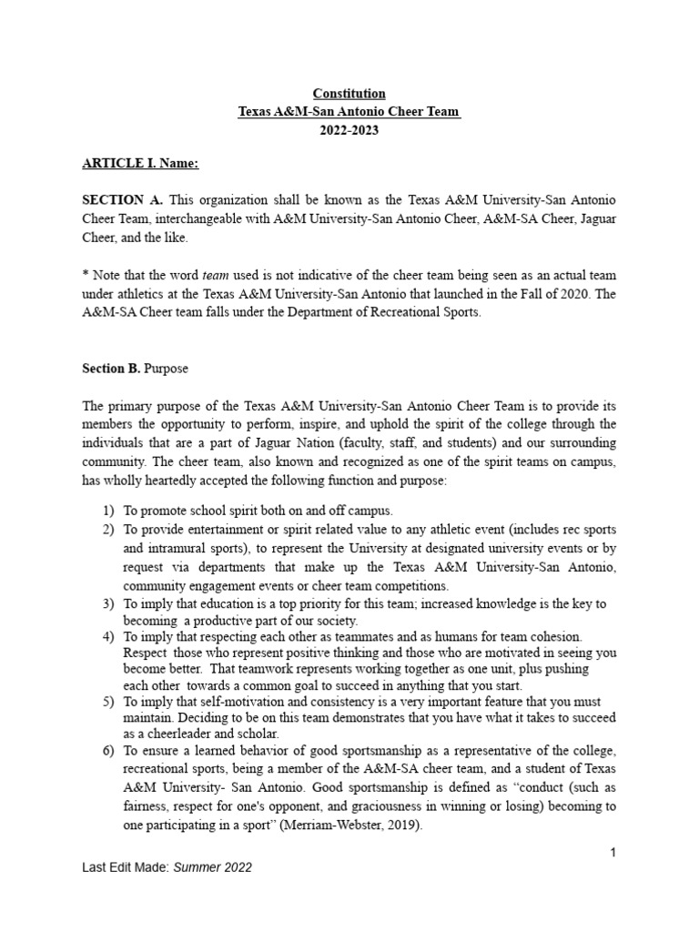 Texas A&M-SA Cheer Team Constitution | PDF | Presidents Of The United ...