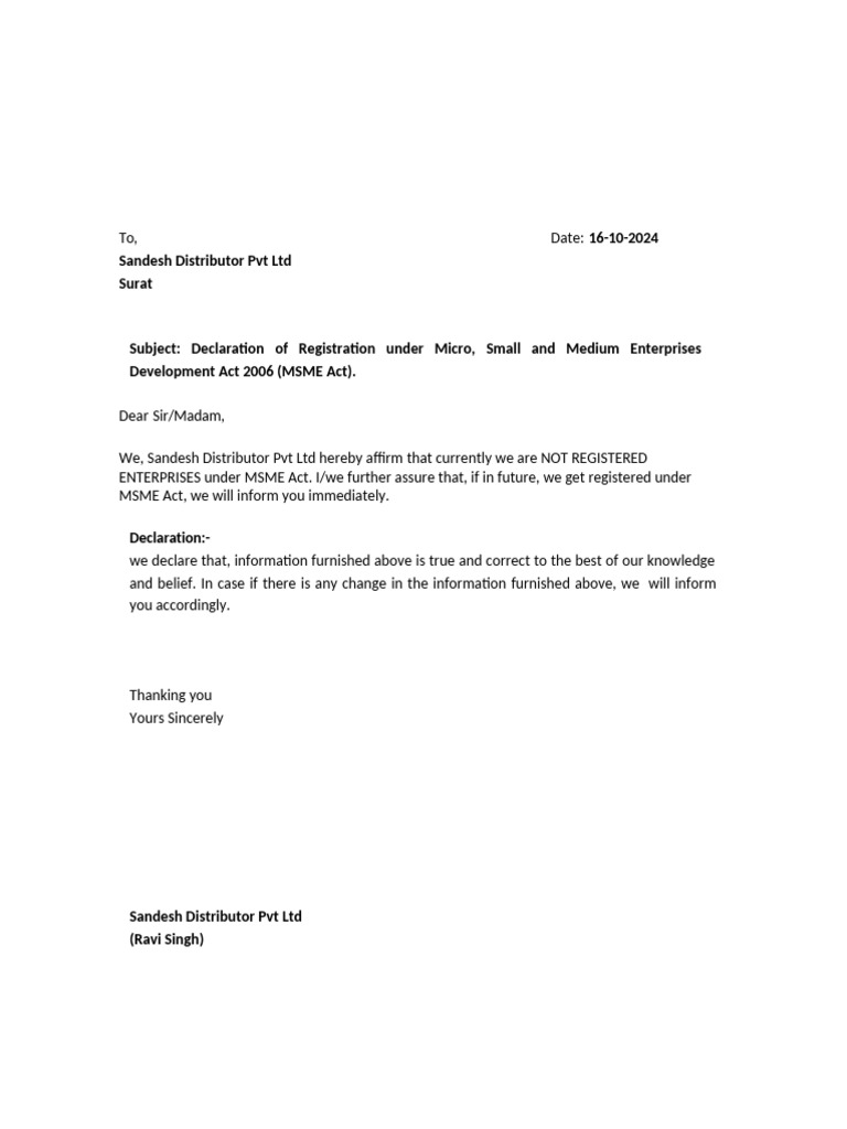 Non-MSME Declaration Letter Template | PDF