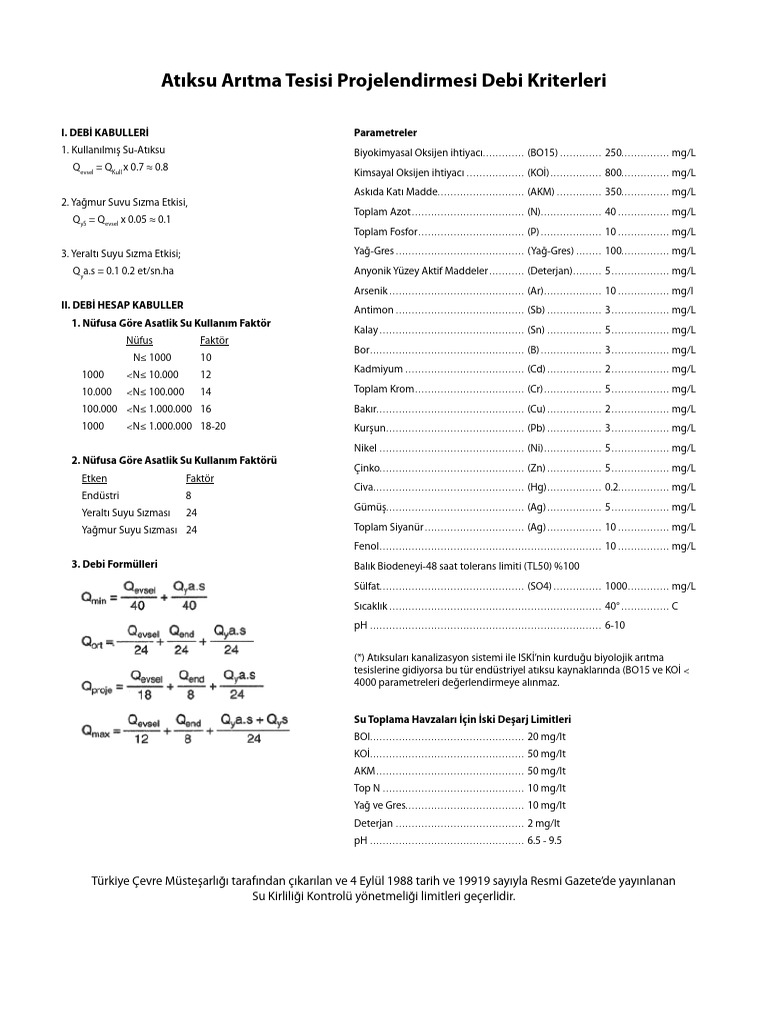 Atıksu Arıtma Tesisi Projelendirmesi Debi Kriterleri | PDF