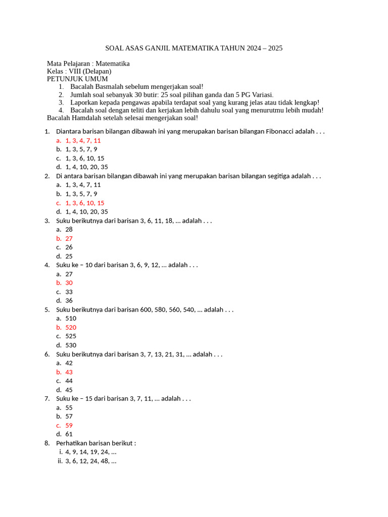 Soal Asas Viii Ganjil Matematika Tahun 2024 | PDF