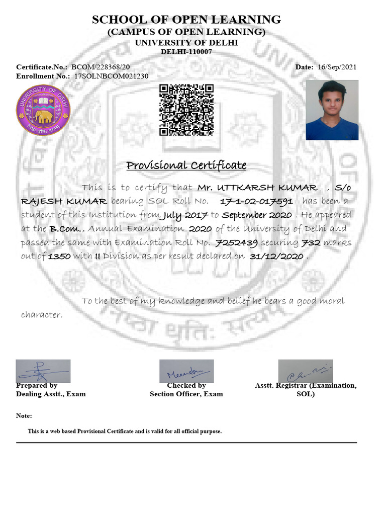 DU B.Com Provisional Certificate 2021 | PDF